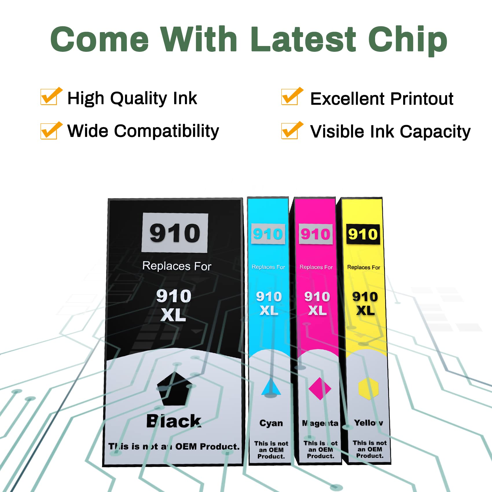 910XL Ink Cartridges Combo Pack, Compatible with HP OfficeJet 8010 8020 8030 Series Printer, Replacement for 910 910XL 916 916XL, High Yield, Black Cyan Magenta Yellow