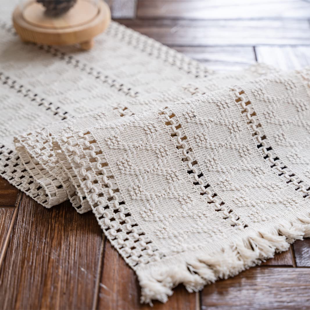 Alynsehom Macrame Table Runner Cream Beige Boho Table Runner with Tassels Hand Woven Cotton Table Runner Rustic Farmhouse Table Runner for Bohemian Kitchen Dining Table(12x71in)