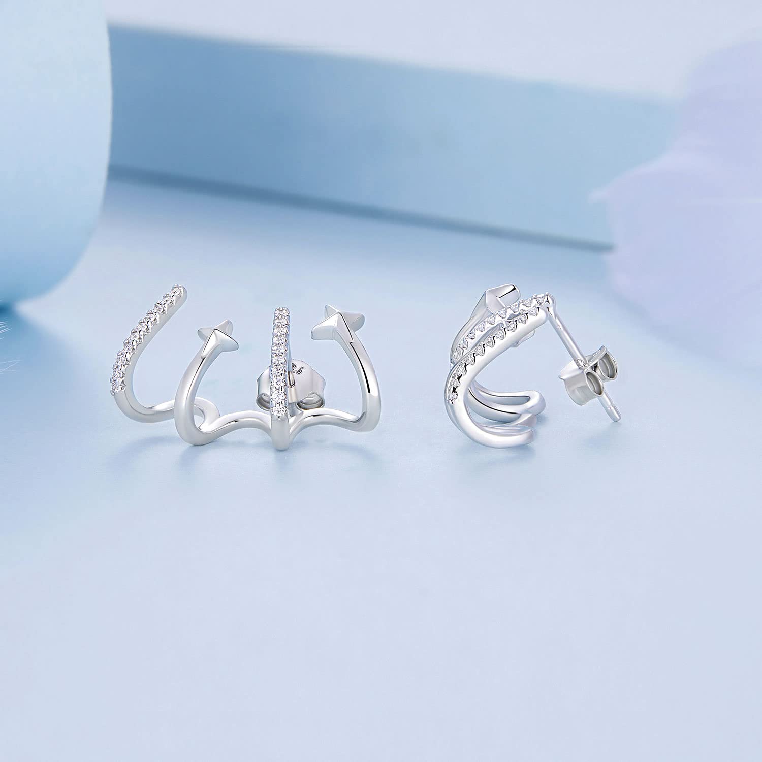 925 Sterling Silver Claw Earring Cuff for Women Star Needle Ear Cuffs Stud Earrings Half Hoop Stud Earrings Looks Like 4 Hoop Earrings