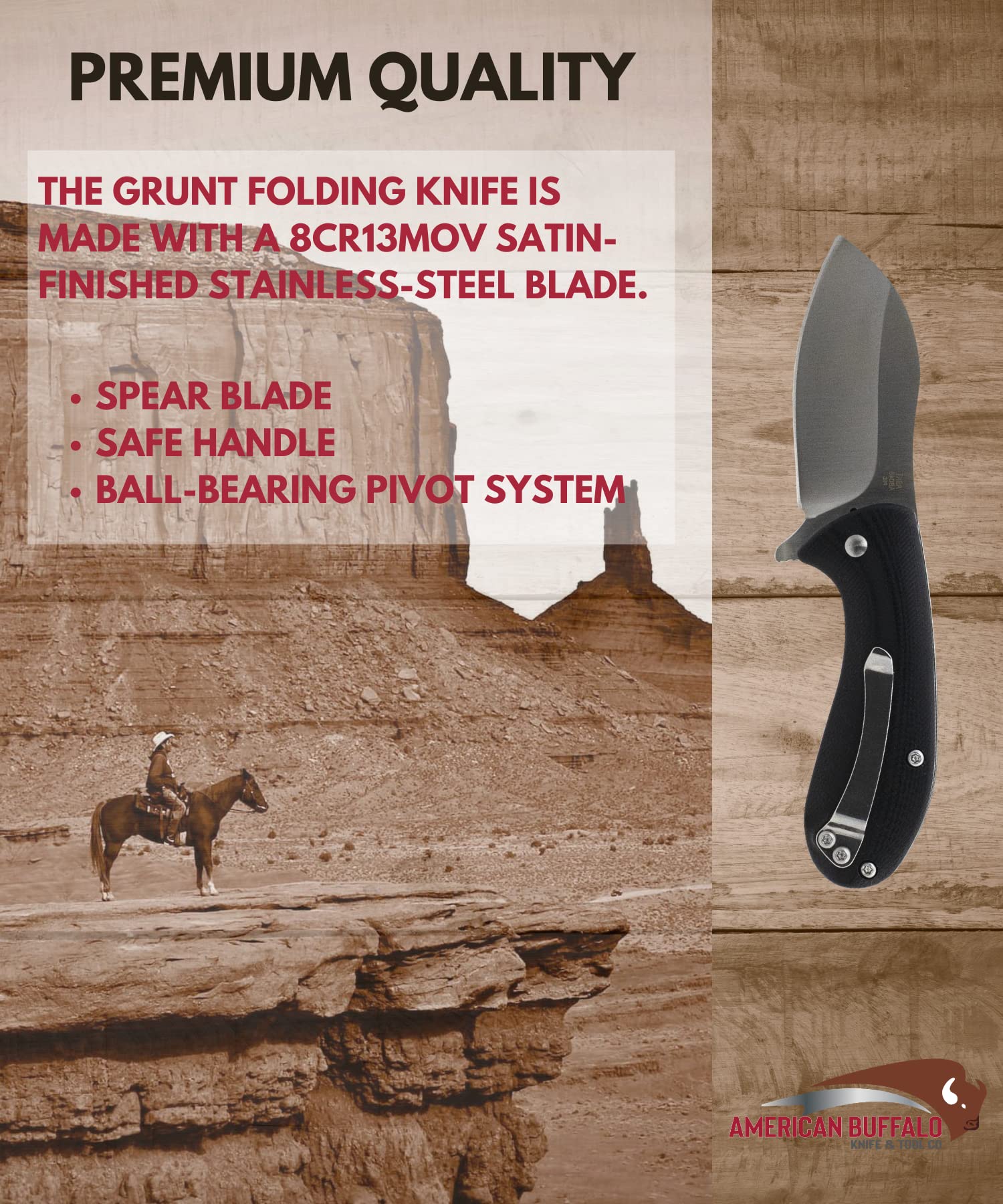 ABKT Grunt Elite Tactical Folding Hunting Skinning Pocket Knife – 2.75 Inch 8CR13MOV Stainless Steel Blade with 3 Inch G10 CNC Handle