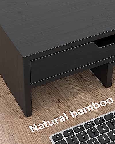 Epesoware Dual Monitor Stand Riser with Adjustable Length and Angle, Bamboo Computer Riser with 2 Extra Drawers, Desk Organizer for Laptop, Computer No Assembly Required