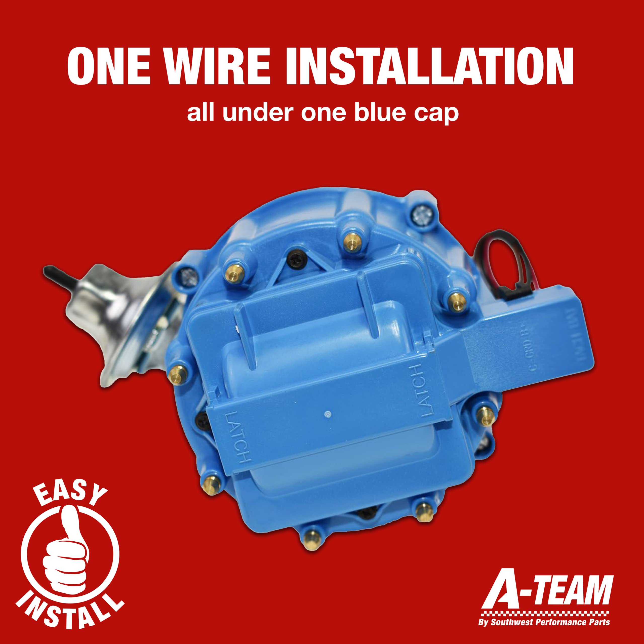 A-Team Performance HEI Complete Distributor 65K Coil, 8 Cylinders, Small Block Compatible With Ford 260 289 302 5.0 V8 One-Wire Installation, Blue Cap