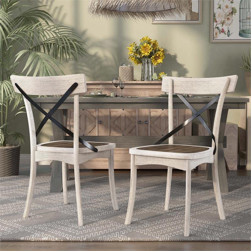Furniture of America Knix Rustic Wood Dining Chair in Antique White (Set of 2)