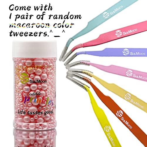 SE Si&Moos Edible Pearls for Cake Decorating Sugar Pearls Pink Pearl Sprinkles Pink Cookie Decorating Peals 3.5 oz with 1 Pair of Tweezers
