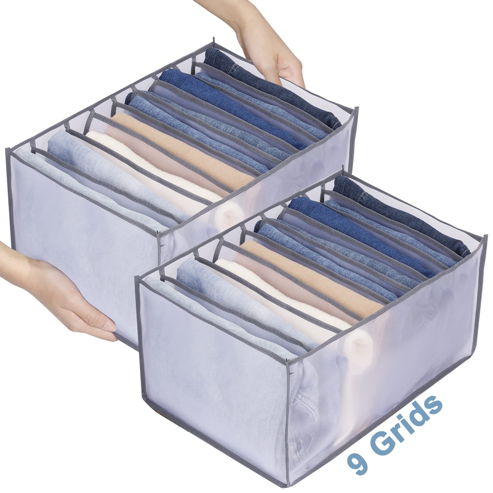 TOOVREN Wardrobe Clothes Organizer 9 Grids, Upgraded Closet Organizers and Storage Baskets, Drawer Organizers Clothing for Folded Clothes, Jeans, Pants, T-Shirt, Leggings, Dress, Sweaters (2PCS)