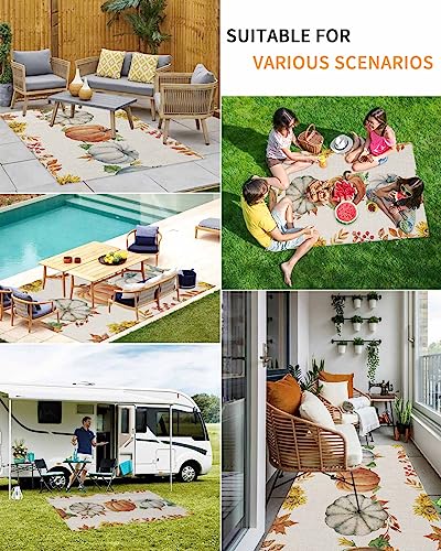 Fall Outdoor Patio Rugs Thanksgiving Pumpkin Sunflower Outdoor Area Rug Maple Leaf Non-Slip Backyard/Camping RV Rug/Deck/Porch Rug Front Door Floor Mat Carpet,6x9ft,