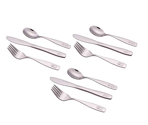 Exzact Children's Flatware Kids Silverware 9pcs/Toddler Utensils 3 x Forks, 3 x Safe Dinnerknives, 3 x Dinner Spoons - Dog Cat Bunny Engraved Design