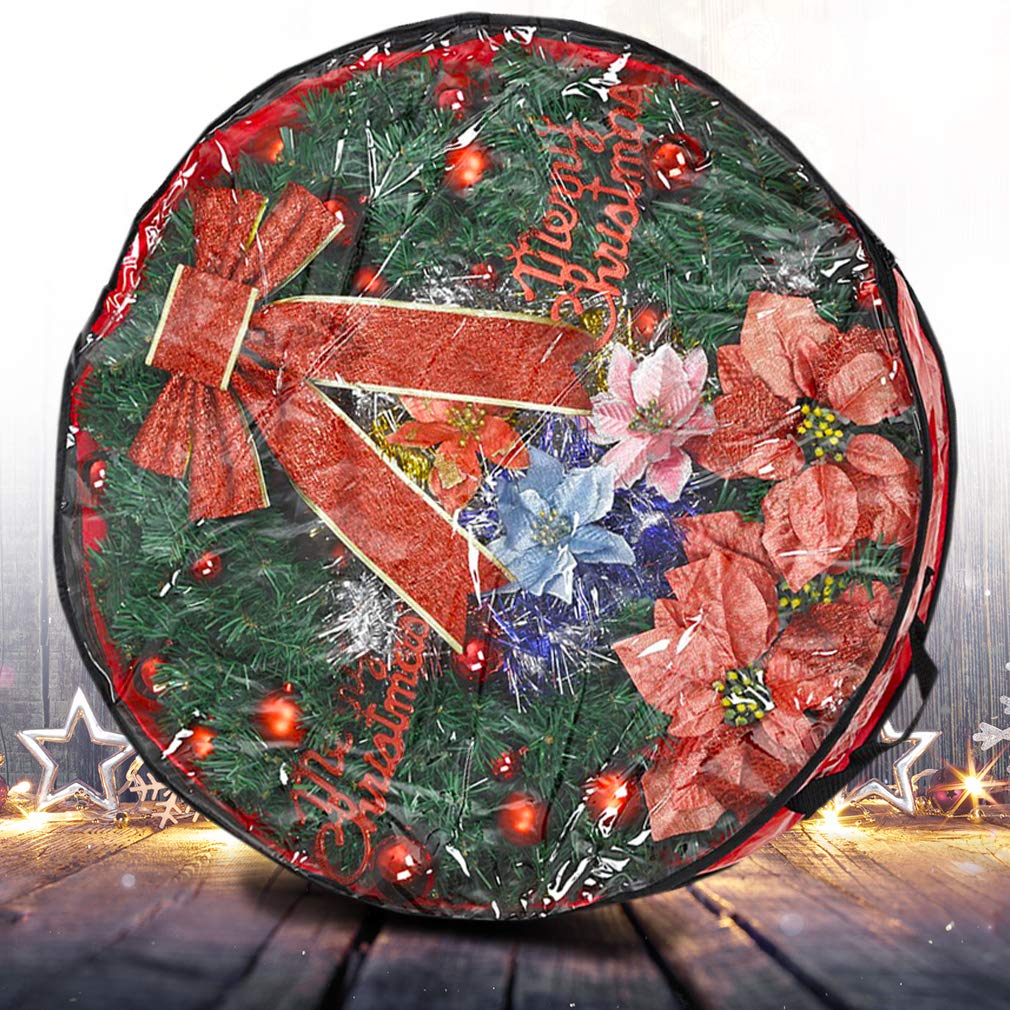 ProPik Christmas Wreath Storage Bag 36" - Garland Holiday Container with Clear Window - Tear Resistant Fabric - 36" X 36" X 8" (Red)