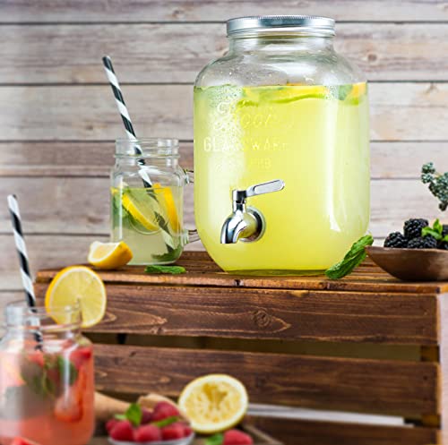 Kook Glass Drink Dispenser, with Leak-Proof Stainless Steel Spigot, Clear Mason Jar, Beverage Storage for Fridge, for Water, Iced Tea, Sangria, Lemonade, 1 Gallon (1, Silver)