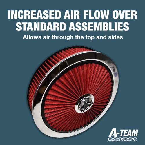 A-Team Performance - High Flow Replacement Air Cleaner Assembly w/Flow-Thru Lid Washable and Reusable Round Air Filter Element Kit with Star Wing Nut - Compatible with Chevrolet GMC Ford 14"x3" Red