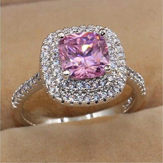 925 Sterling Silver Squer Rings for Women & Girls,Engagement Wedding Band Jewelry | Pink Cushion Cut Diamond Ring (10)