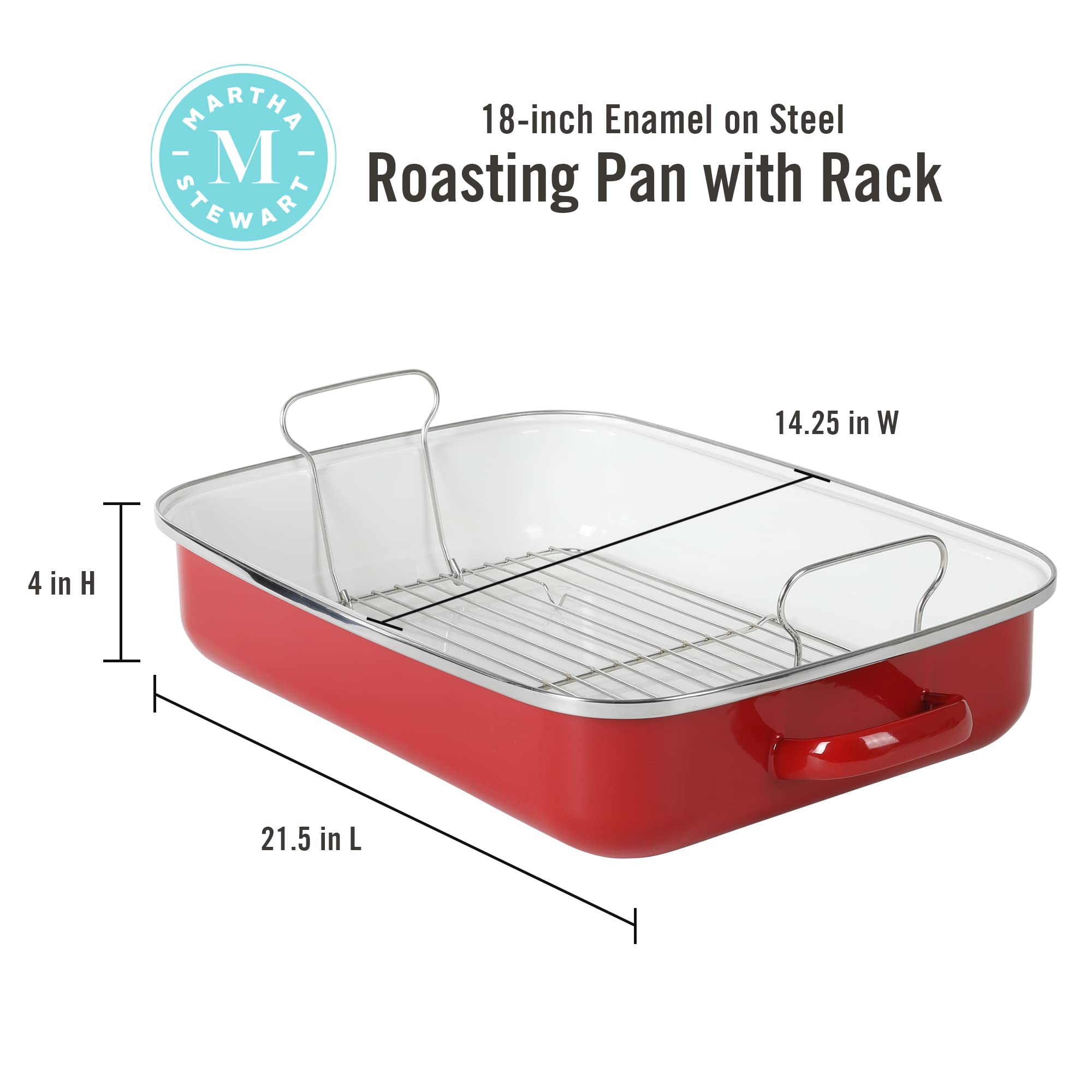 Martha Stewart Thayer 18" Enamel on Steel Roaster Pan w/Stainless Steel Rack - Red