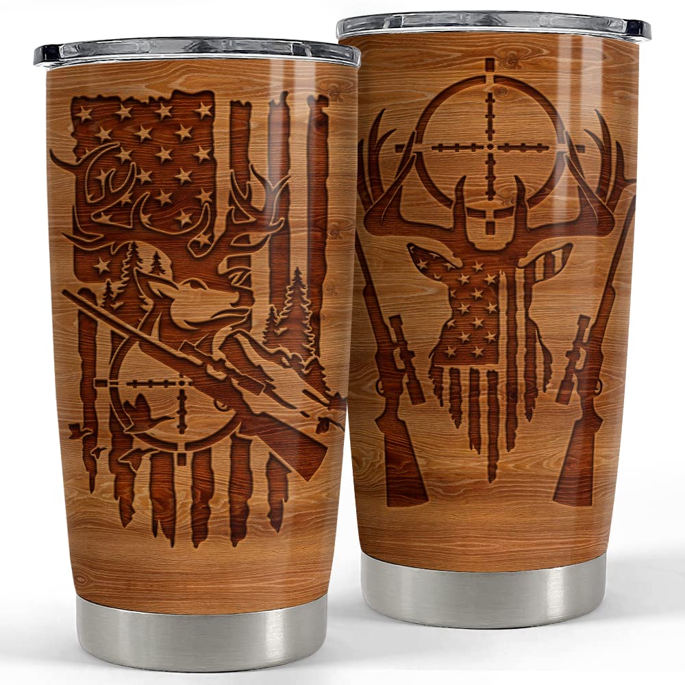 SANDJEST Hunting Tumbler Wood Style American Flag 20oz Tumblers with Lid Gift for Men Dad Best Friends Hunting Lovers Christmas Birthday Fathers Day