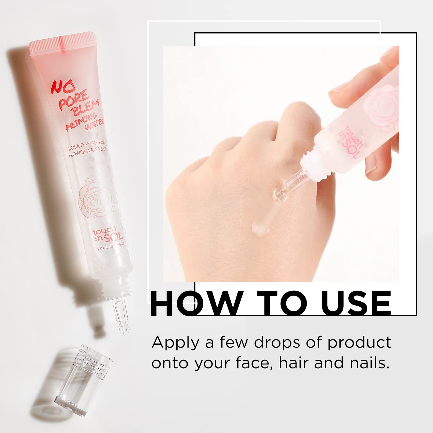 TOUCH IN SOL Liquid Primer 1.01 fl.oz β Boost Hydration before Makeup -Beautiful Radiant Glow Skin - With Damask Rose Oil and Water β Multi Oil for Face, Nails and Hair, No Pore Blem Priming Water