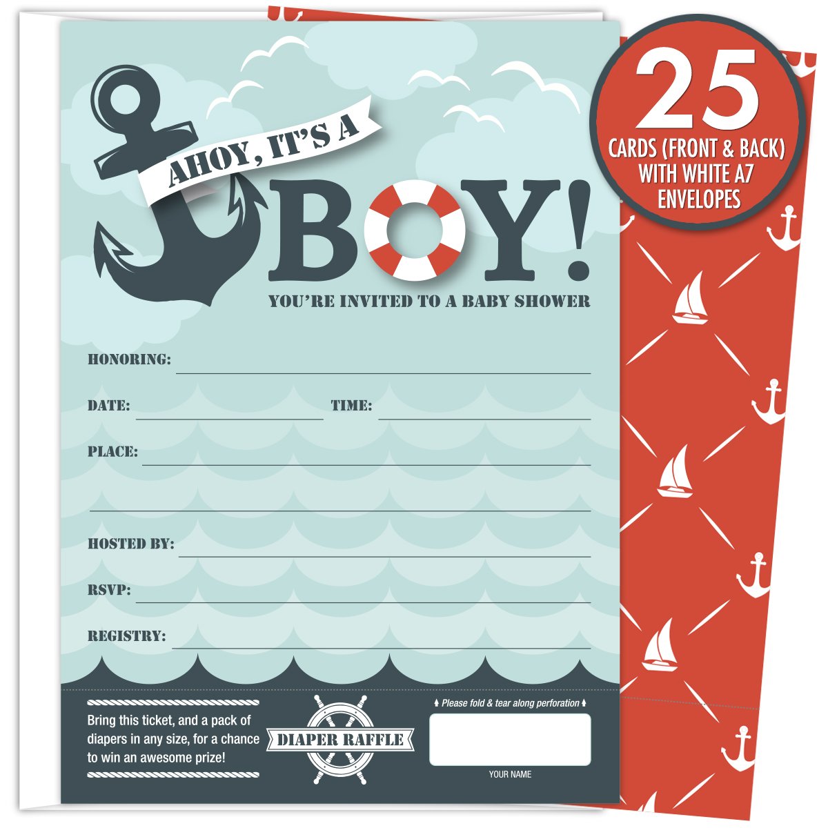 Koko Paper Co It’s A Boy Nautical Baby Shower Invitations with Tear-Off Diaper Raffle Tickets. 25 5x7 Fill in The Blank Style Invites with White A7 Envelopes.