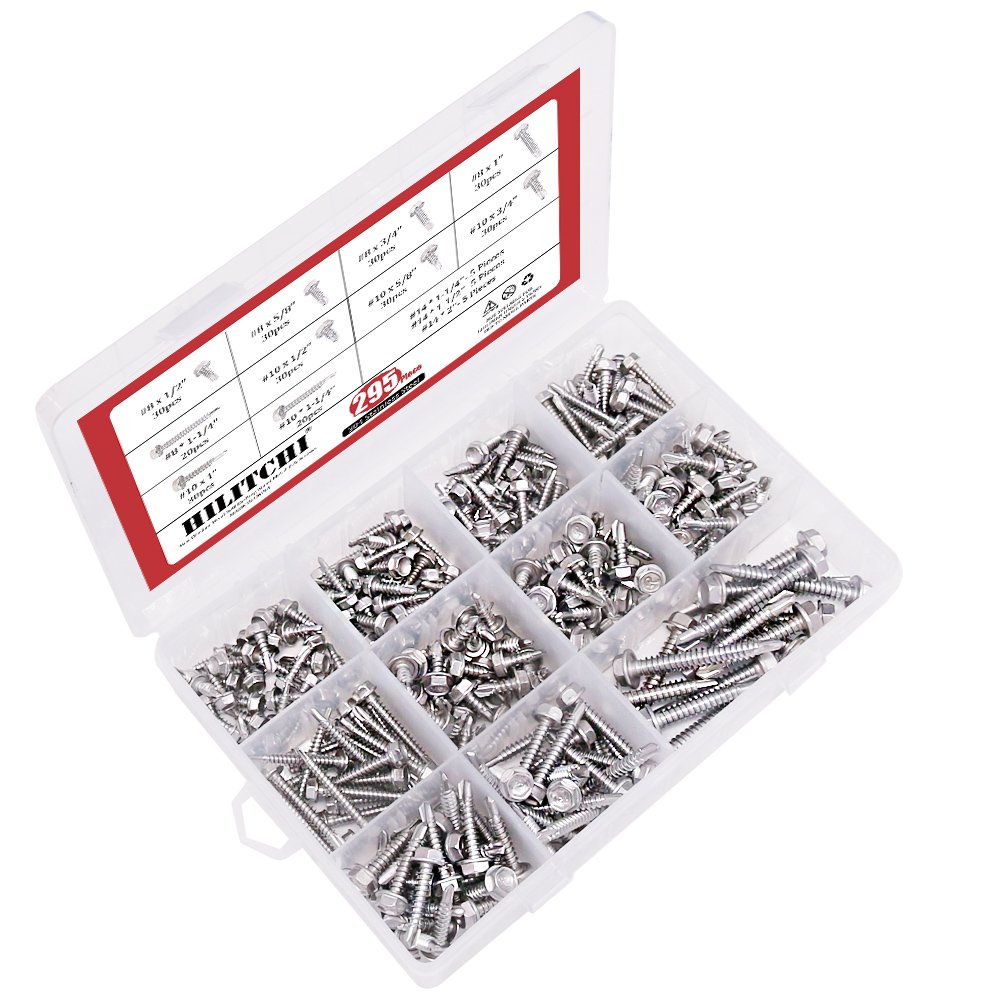 Hilitchi 295 Pieces #8 / #10 / #14 Stainless Hex Washer Head Self Drilling Sheet Metal Tek Screws with Drill Point (1/2'' to 2'' Size Inside Plastic Box)