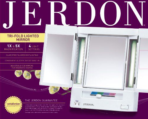 JERDON Tri-Fold Two-Sided Makeup Mirror with Lights - Vanity Mirror with 5X Magnification & Multiple Light Settings - White Base - Model JGL9W
