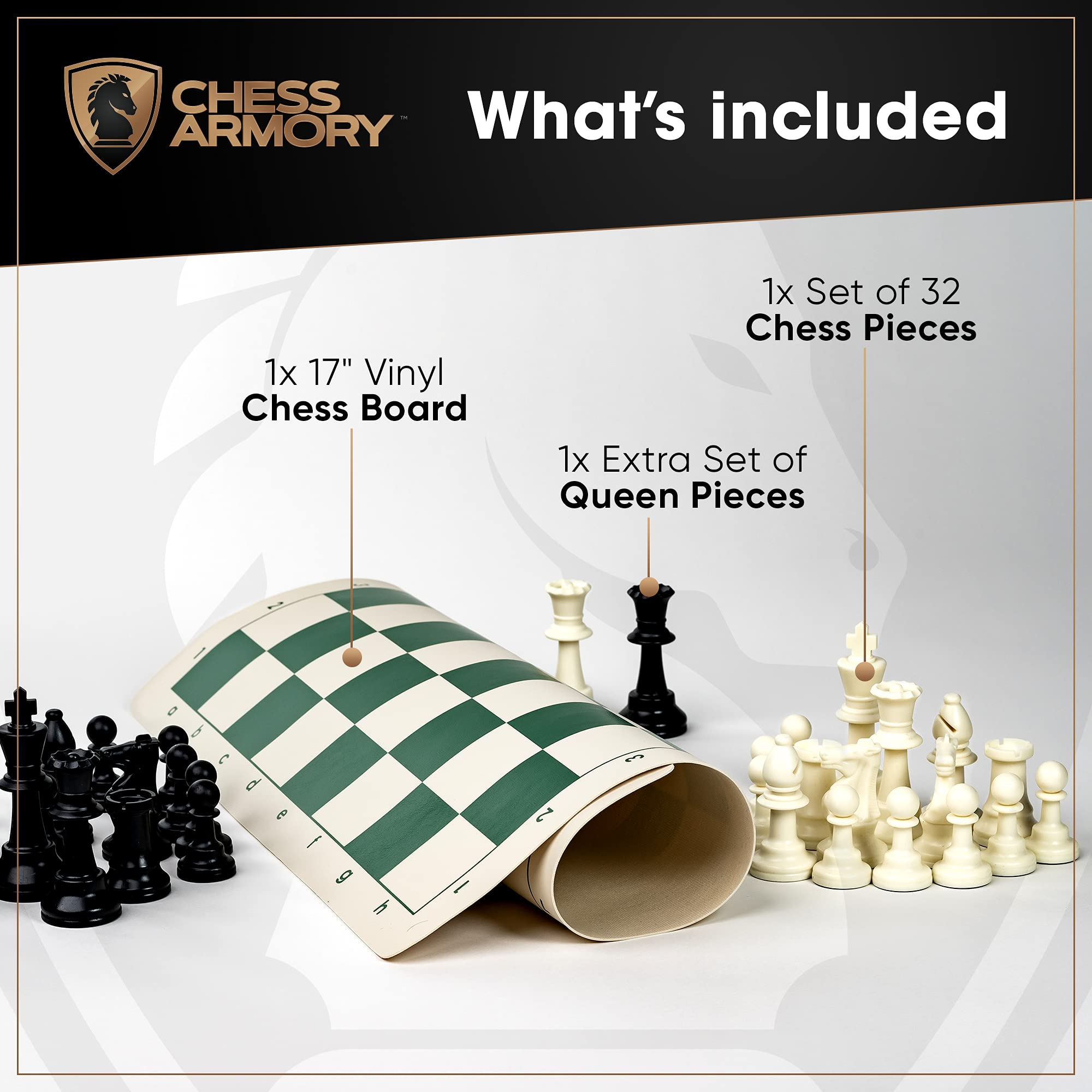 Chess Armory Roll Up Chess Set - 17" On-The-go Travel Chess Set - Vinyl Roll Up Portable Chess Board & 2 Extra Queens - Light and Mobile Chess Set - Play Chess Anywhere, Anytime!