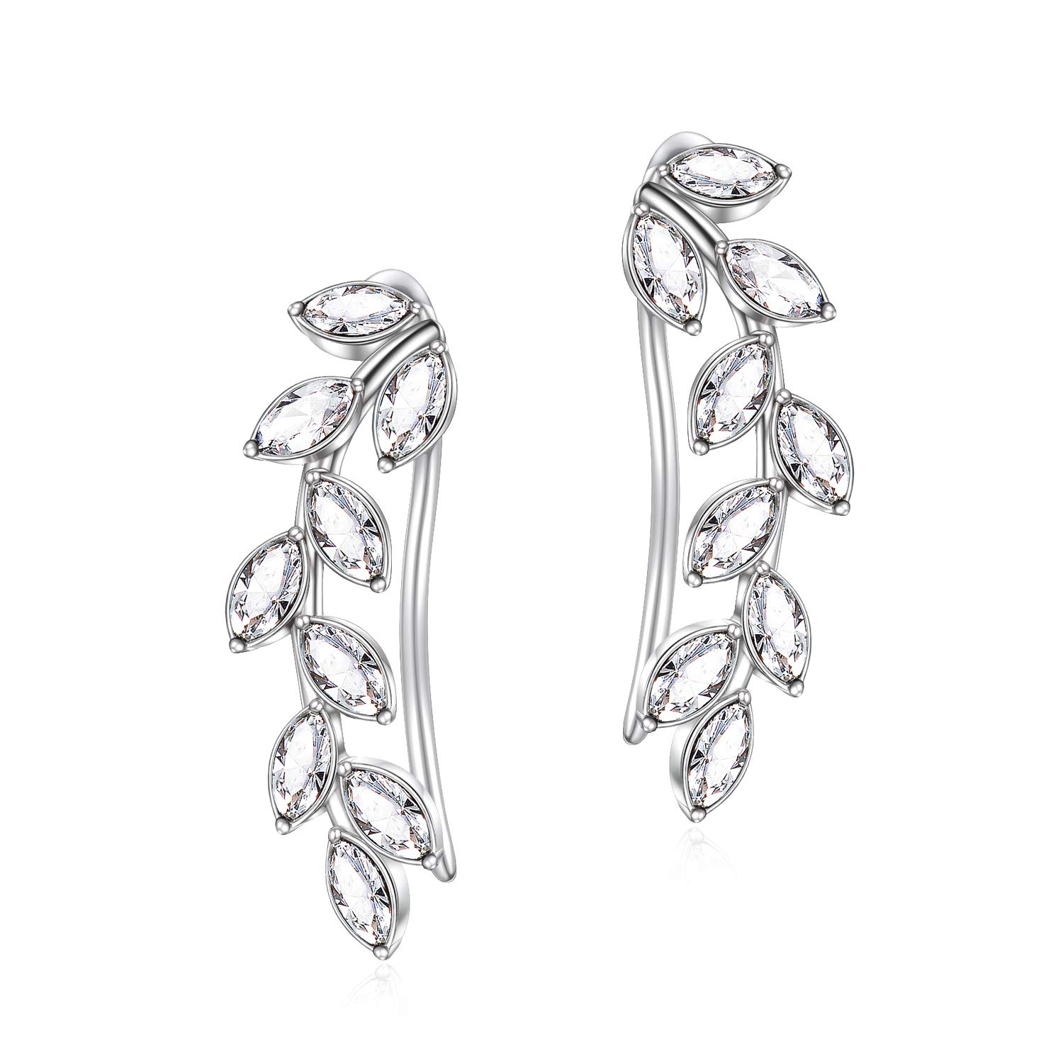 925 Sterling Silver Leaf Earring Ear Crawlers Earrings with Simulated Emerald Green Birthstone Crystals Climber Earrings Jewelry Gift for Her