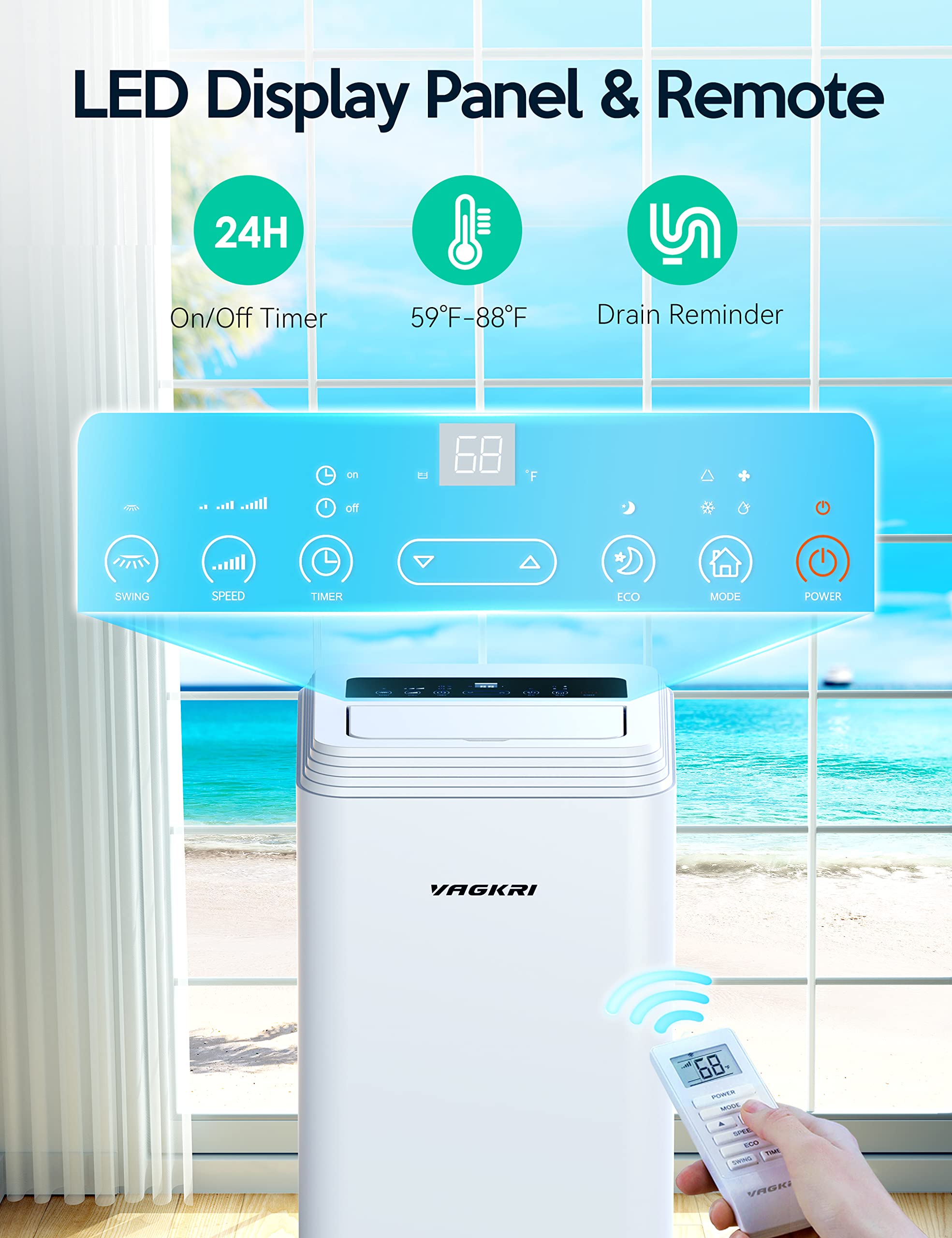 VAGKRI Portable Air Conditioners 12000 BTU, 3-in-1 AC Unit with Fan & Dehumidifier Cools up to 400 sq. ft, Portable AC with ECO Mode, 3 Fan Speeds, Auto Swing, 24H On/Off Timer, Remote Control