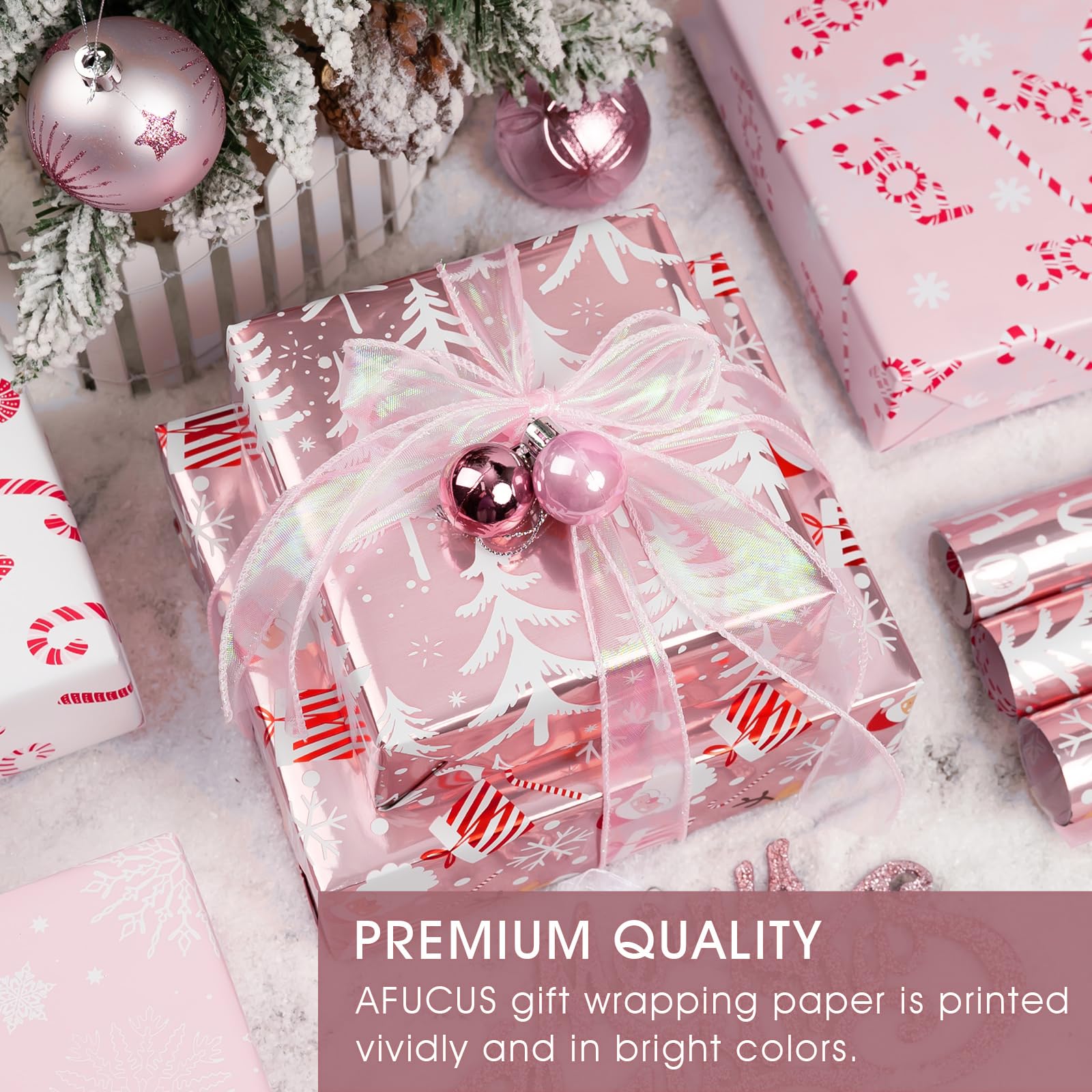 Afucus Reversible Pink Christmas Wrapping Paper, Christmas Tree, Joy Candy Cane, Snowflake, Reindeer, and HO Santa Laughter Themed Gift Wrap Paper, Mini Rolls for Christmas (17 Inch X 120 Inch)