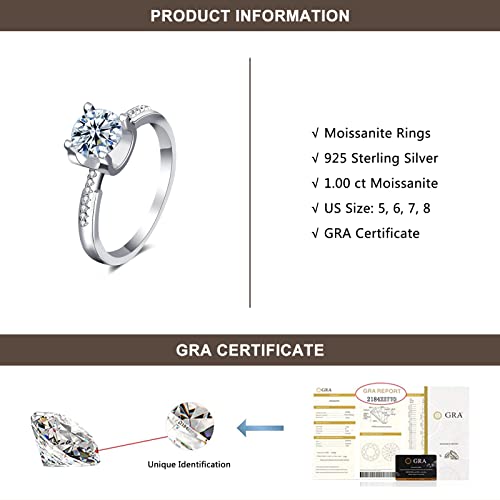 925 Sterling Silver Classic Bull Head Rings for Women, 1ct 4 Prong Moissanite Engagement Closed Ring with GRA Certificate (1 Carat,7)