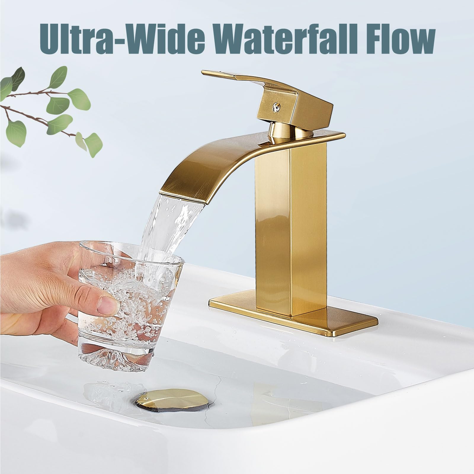 Aolemi Bathroom Faucet Single Handle 1 Hole Deck Mount Lavatory Vanity RV Sink Mixer Basin Tap with Cover Plate and Pop Up Drain Assembly, Brushed Gold, Waterfall Spout