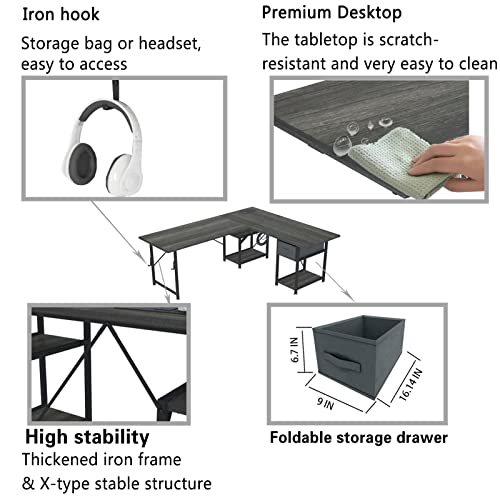 DLIUZ L Shaped Desk with Drawers,Computer Desk is Reversible Corner Large Gaming pc Table with USB Charging Port and Power Outlet,Long Writing Study Table with Shelve