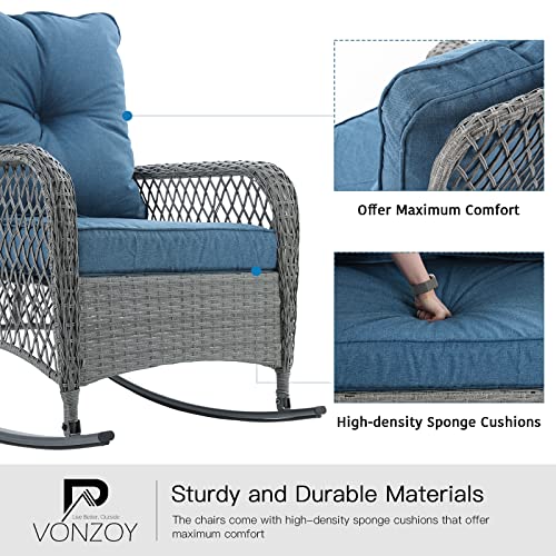 VONZOY Outdoor Rocking Chair, Wicker Patio Furniture with Thickened Cushions for Porch (Blue)