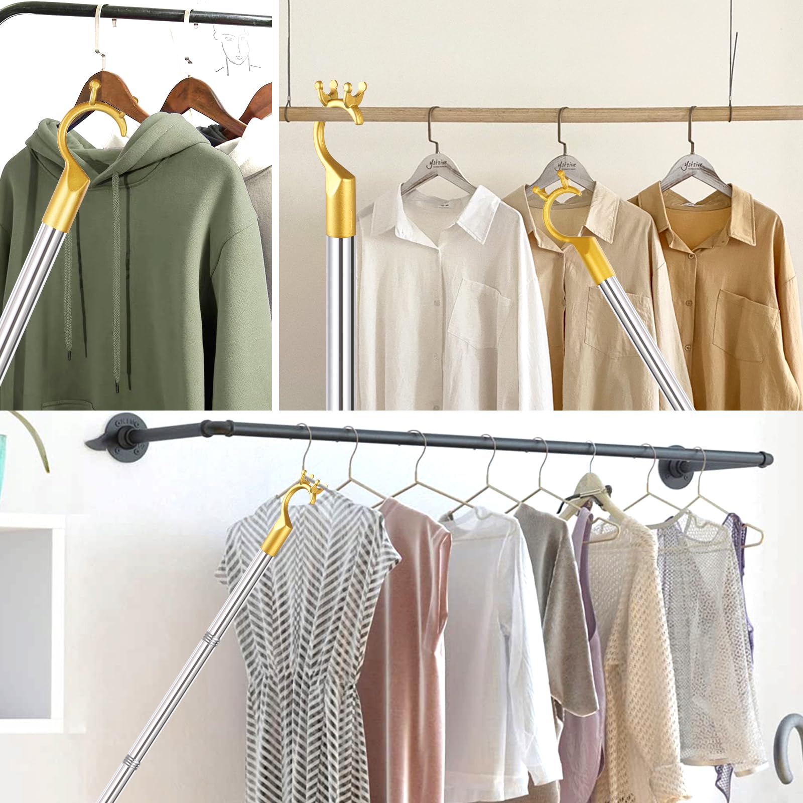 Cagaloi clothes hook pole,56inch adjustable extension pole.High Reach Garment Hook for Hanging Clothes Light and Plants Made of stainless steel, the pole is strong yet lightweight with a sponge handle