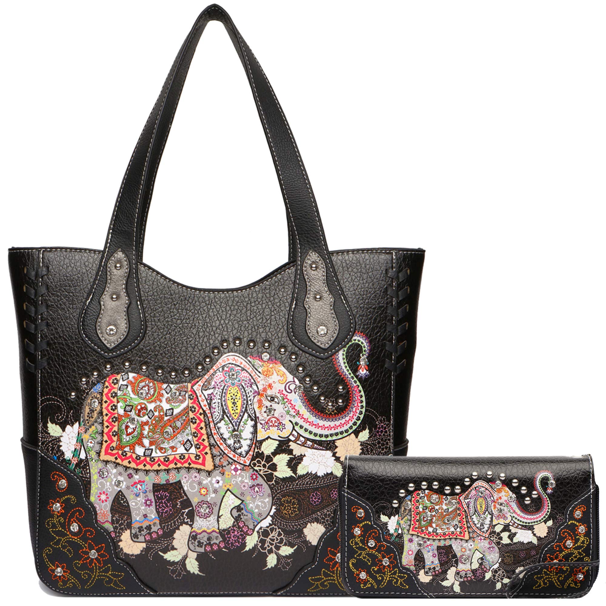 Elephant Rhinestone Studded Western Style Concealed Carry Purse Handbag Women Shoulder Bag Wallet Set (Black Set)