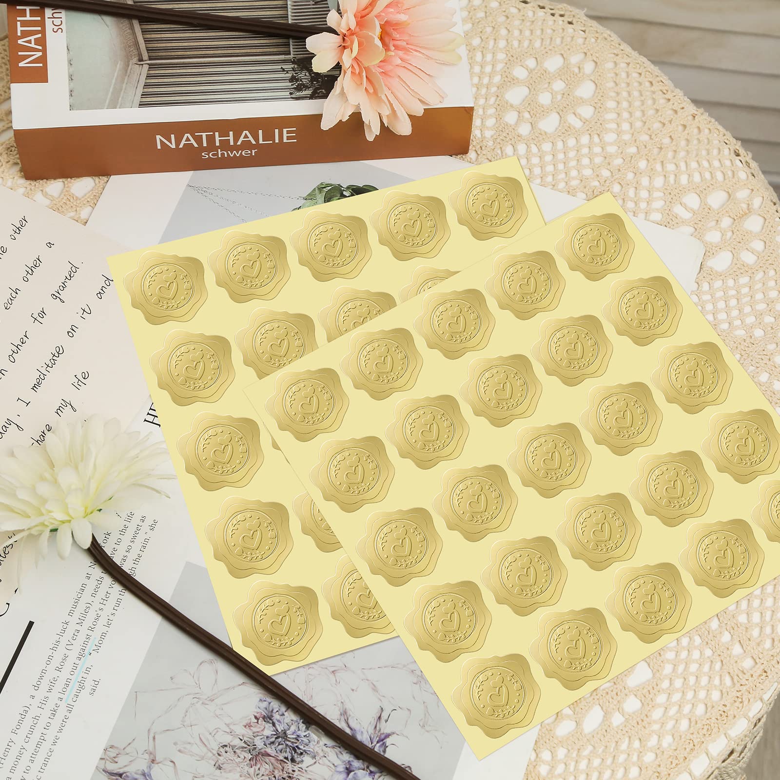 KOOGEL 500 Pieces Gold Wax Seal Stickers Labels Embossed Self-Adhesive Heart Envelope Seal Looking Stickers for Wedding Invitation Christmas Greeting Card