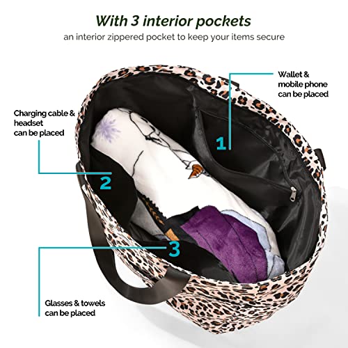 HOMESPON Large Waterproof Beach Bag for Women Sandproof Tote Bag Pool Bag with Zipper and Pockets for Travel Vacation Gym (Leopard Print)
