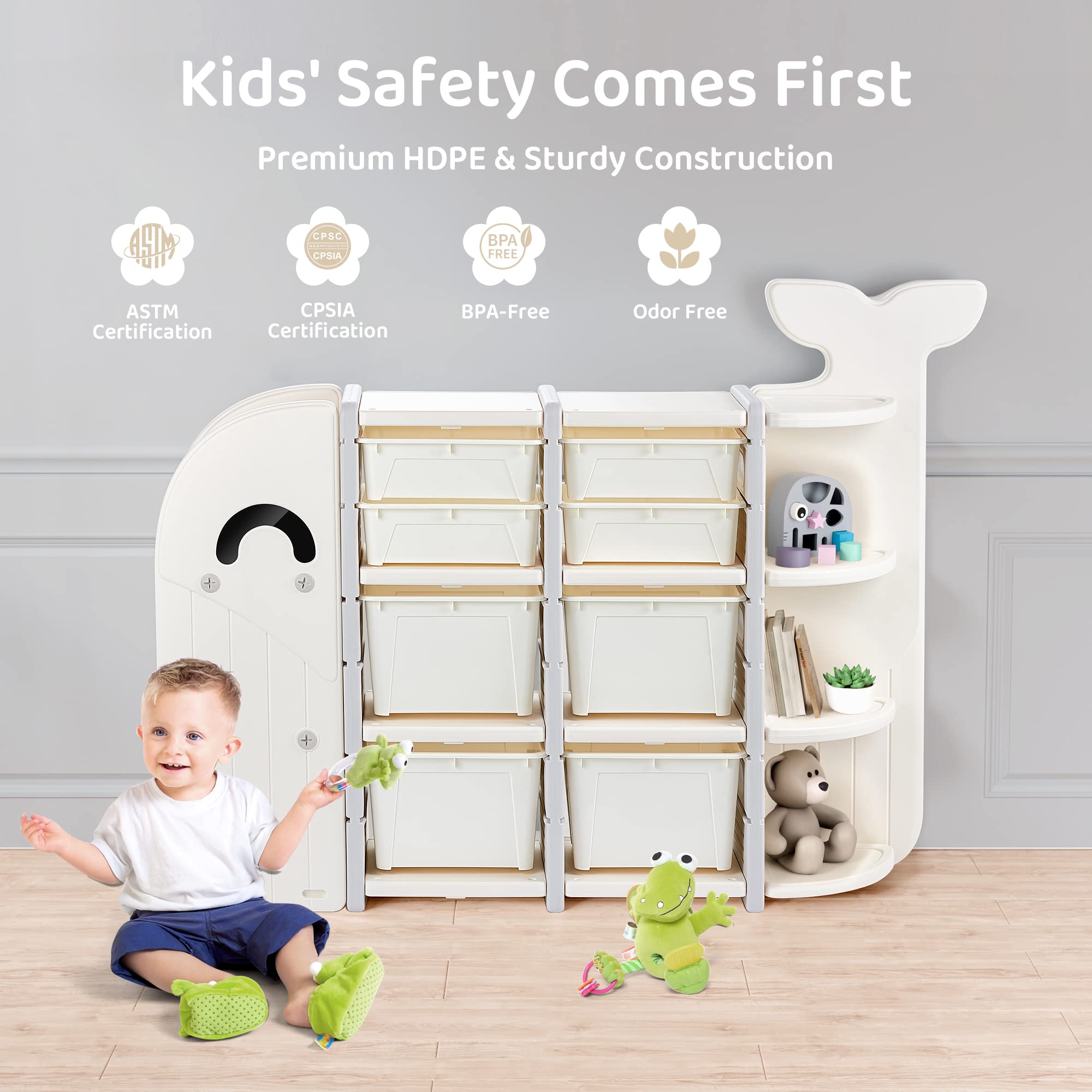 DUKE BABY Kids Large 4 Layer Toy Storage Organizer with 8 Pull-out Storage Bins, Display Bookshelves, Multipurpose Toy Cabinets for Kids Playrooms Bedrooms Age 1-12, Whale Collection White Grey