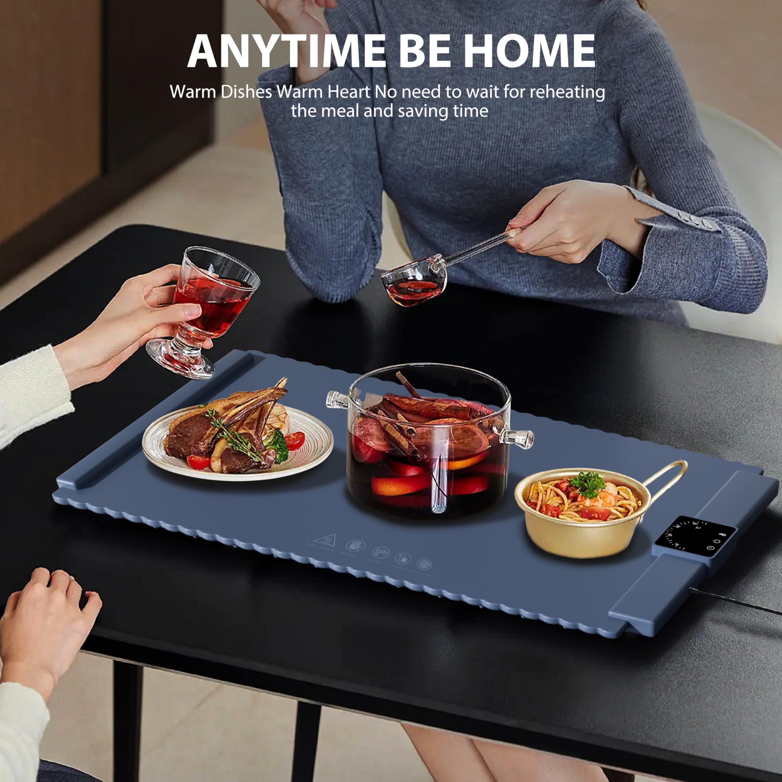 AGEETXT Electric Warming Tray, Full Surface Heating,Portable,Silicone Nano-Material Heating mat for Food,5 Temperature Settings,Auto Shut-Off Versatile Food Warmer for Gatherings,Parties, Family Blue