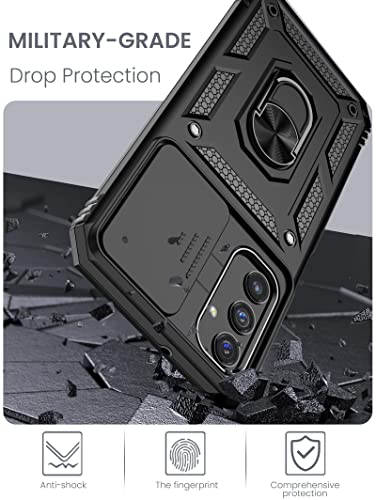Dretal for Samsung A24 4G Case, Galaxy A24 5G Case with Slide Camera Cover + [2PCS] Tempered Glass Screen Protector, Military Grade Shockproof Protective Cover Built Finger Ring Kickstand (Black)