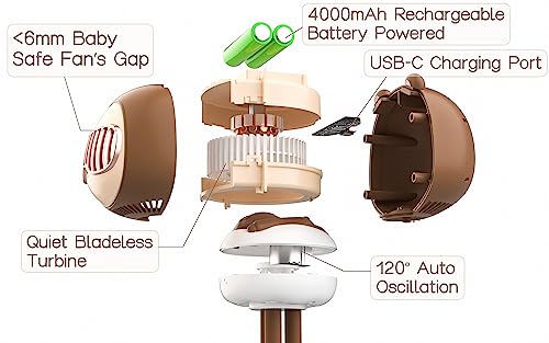 KinYiLO Cute Stroller Fan Clip On for Baby, Portable Baby Stroller Fans Bladeless, 4 Speeds Auto Oscillating, 4000mAh Rechargeable Battery Powered, Flexible Tripod Small Cooling Fan for Crib/Car Seat