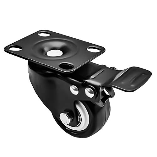 FactorDuty 4 Pack Combo 2 inch Caster Wheels 2 Rigid Non Swivel Fixed Stationery & 2 with Brake Swivel Plate All Black Polyurethane Wheels Non Marking No Noise 150LB Per Wheel