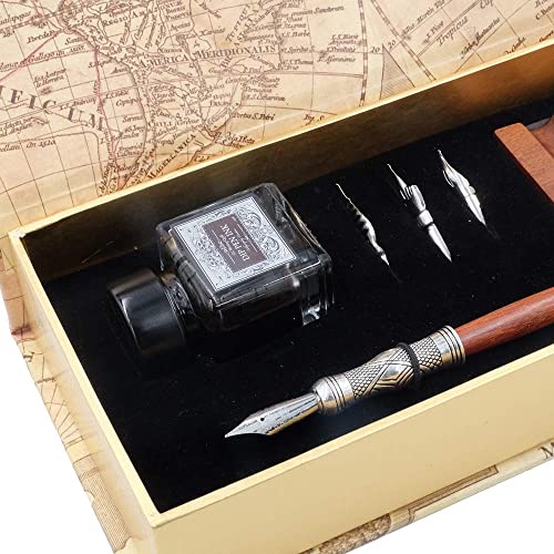 GC Antique Wooden Stem Pen Handcrafted Calligraphy Pen Set Dip Nib Pens-Writing Case With Black Ink Pen Wooden Holder Cartridges LL-182