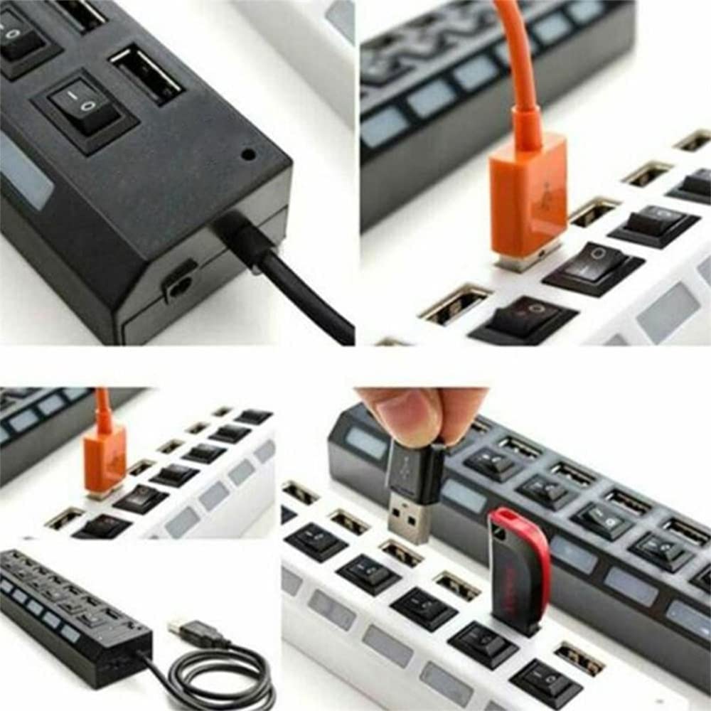 AGKRUNN 7 Port USB 2.0 Hub,Multi Port USB Splitteruter,Multi-Function Seven-Port Hub One-to-Seven Splitter Converter with Individual Switches Indicator