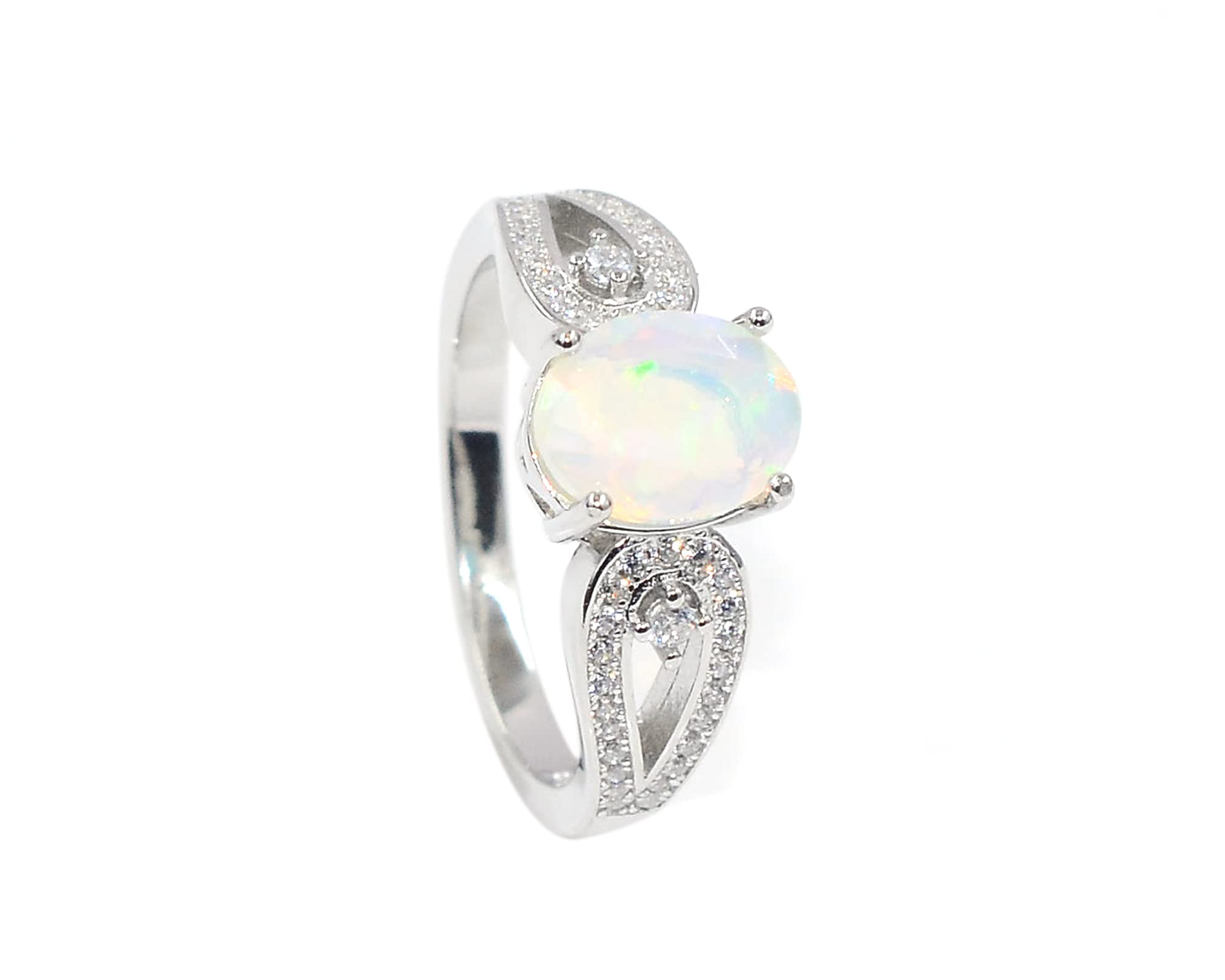 925 Sterling Silver Natural Ethiopian Welo Cut Opal 9X7 MM Oval October Birthstone Solitaire Unisex Proposal Ring For Engagement Gift (Rhodium Plated Silver, 7.5)