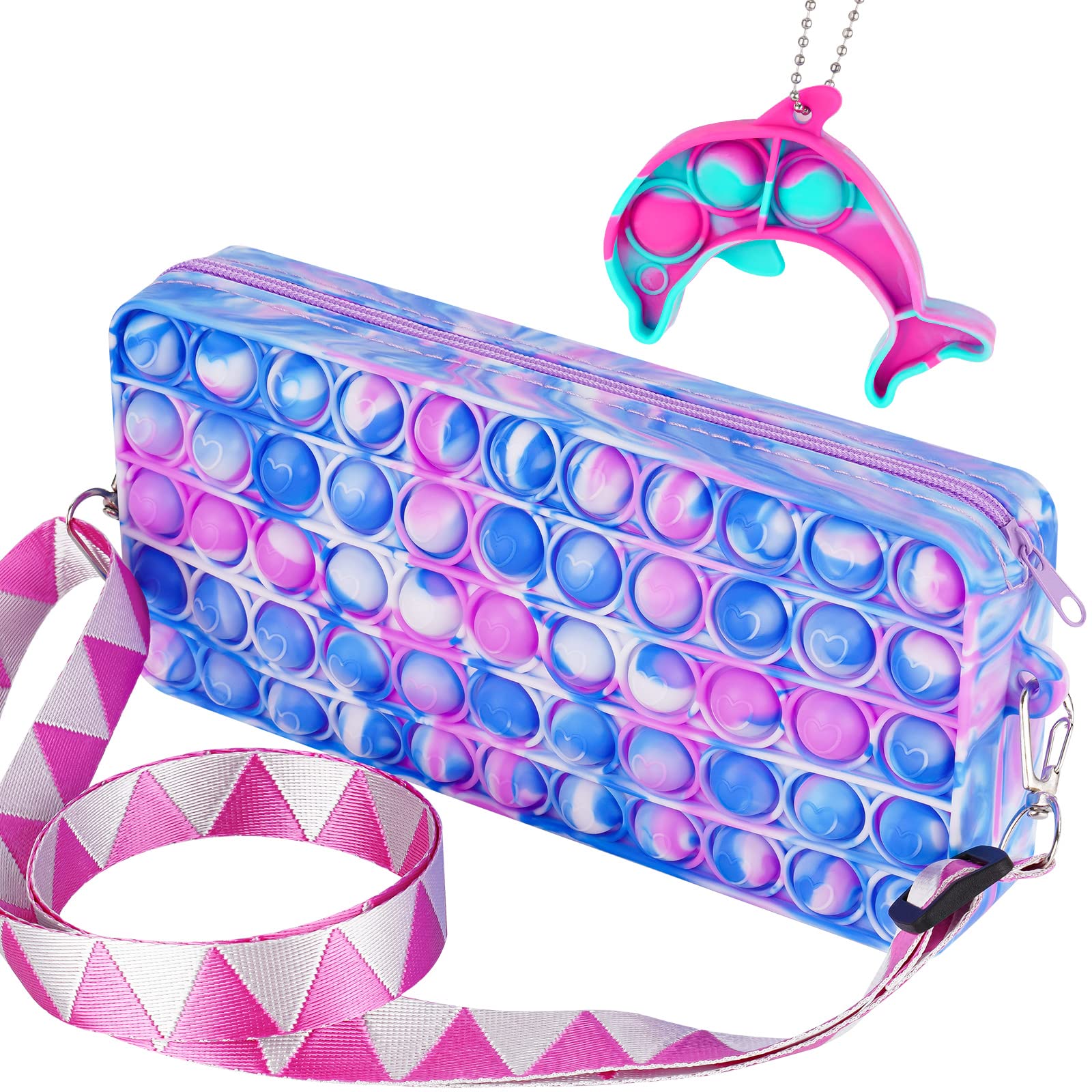 NiToy Push Pop Bubble Purse Fidget Sensory Toy+Dolphin Pop Keychain for Girls, Multicolor Popper Crossbody Shoulder Zipper Handbag Adjustable Belt Cosmetic Travel Case Storage
