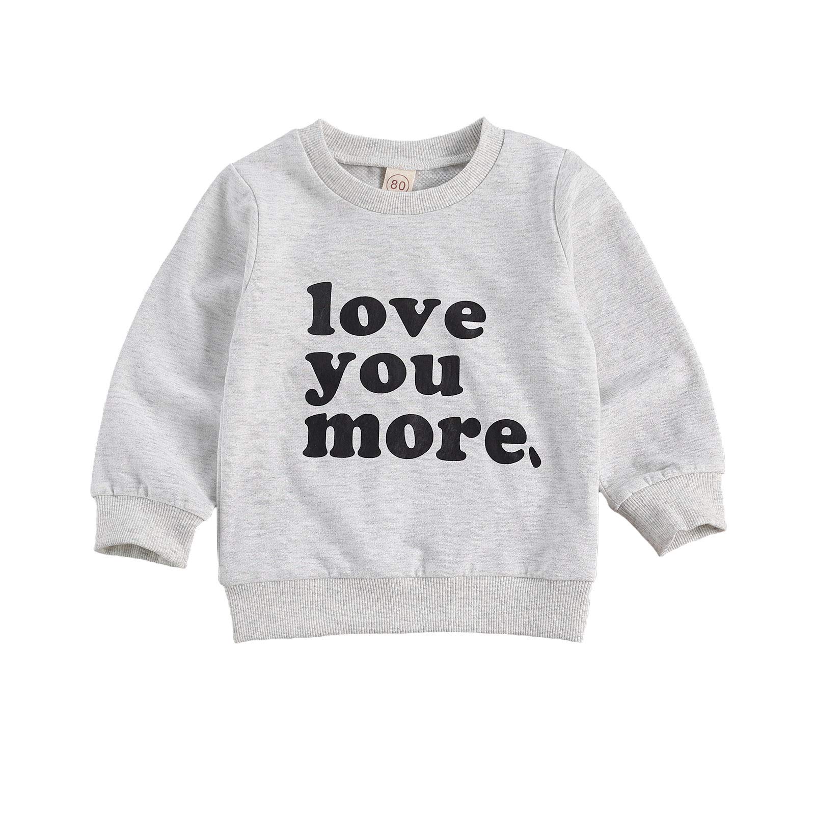 BeQeuewll Toddler Boy Girl Valentines Day Outfit Love You More Letter Crewneck Sweatshirt Little Kids Long Sleeve Sweater Tops (Grey, 6-12 Months)