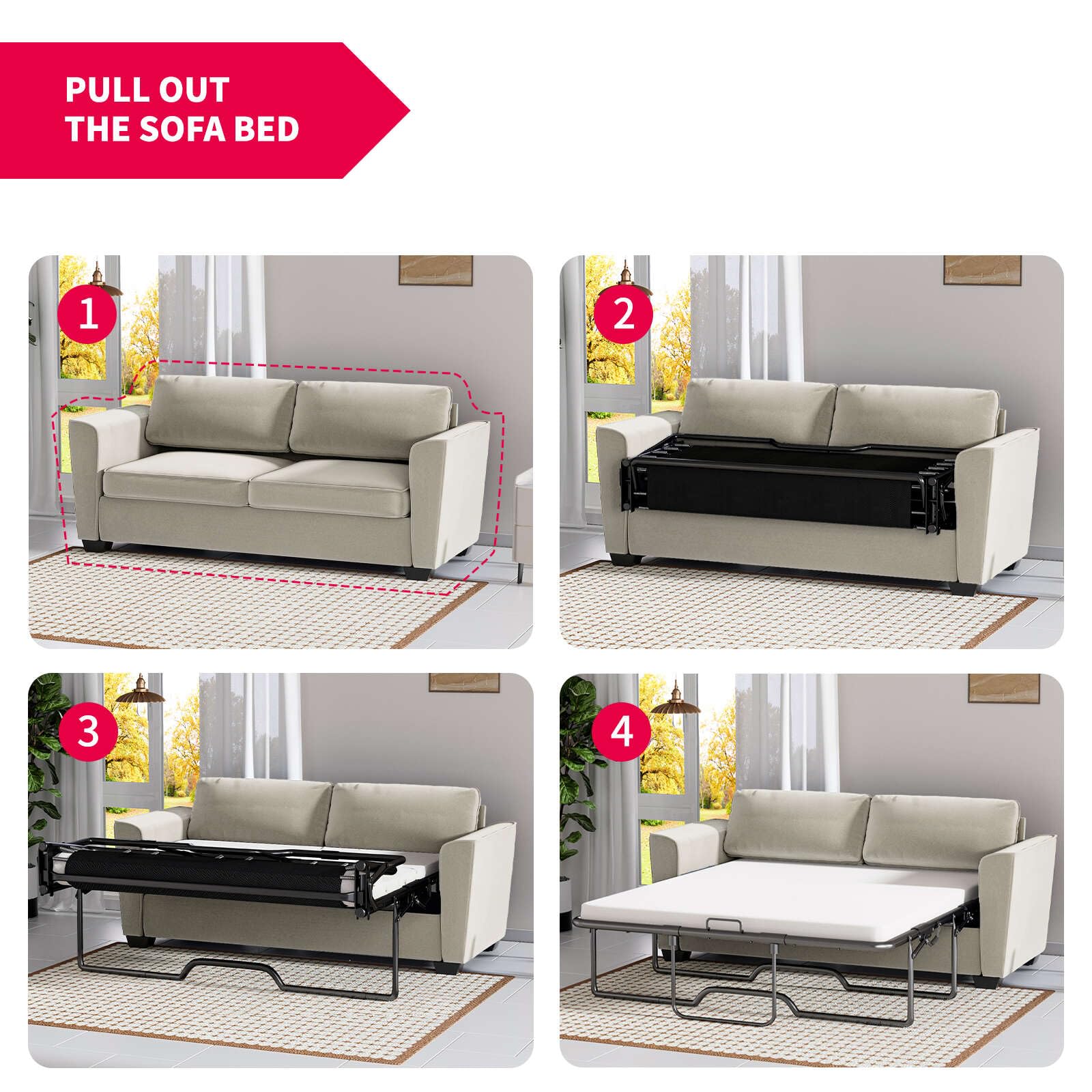 MUZZ Pull Out Couch Bed, Queen Size Sofa Bed with Foam Mattress, Velvet Pull Out Sleeper Sofa, 2-in-1 Sofa with Pull Out Bed for Living Room, Apartment, Office (Queen, Blue)