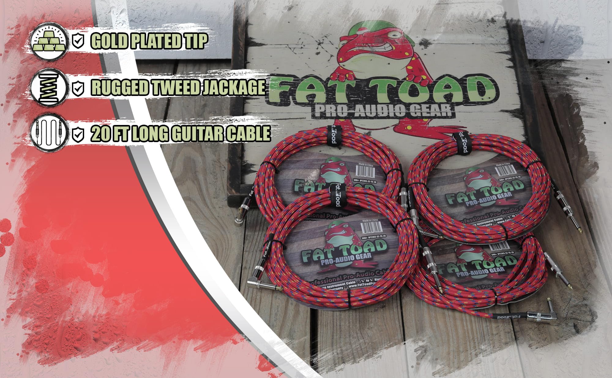 Fat Toad Guitar Cords (4 Pack) Right Angle to Straight-End Instrument Cable Tweed Cloth Jacket Braided Woven 20FT 1/4 Inch Jack TS for Electric Guitar, Bass, AMP | Shielded 24 AWG Patch Conductor