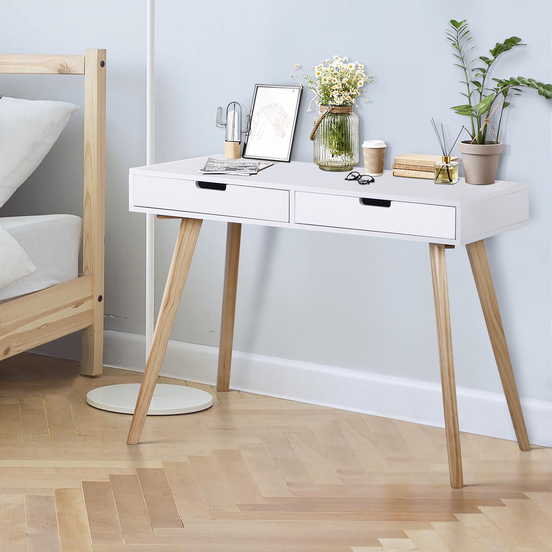 SUPER DEAL Mid Century Writing Computer Desk, Modern Home Office Laptop PC Desk with Two Storage Drawers & Solid Wood Legs, Console Table Makeup Vanity Table for Bedroom
