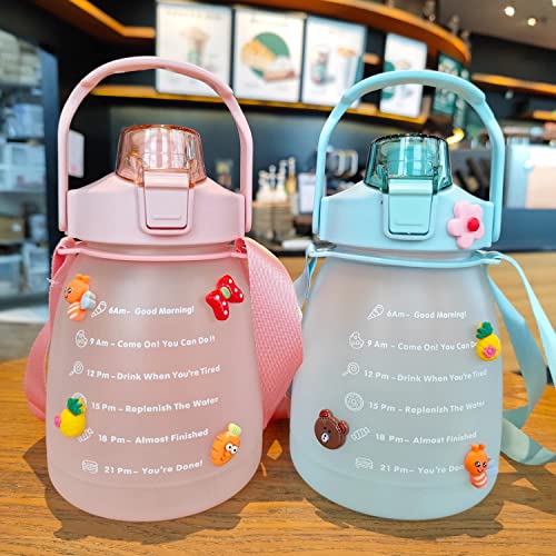 excvalues Kawaii Water Bottle with Strap, Large Capacity Cute Water Bottles with 3D Stickers, Portable Big Belly Bottle for School Outdoor Camping(Pink)