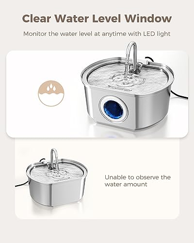 Cat Water Fountain Stainless Steel: 3.2L/108oz Large Automatic Quiet Pet Water Fountain - Dog Water Dispenser with Water Level Window - Multiple Pets - 4 Filter Replacement