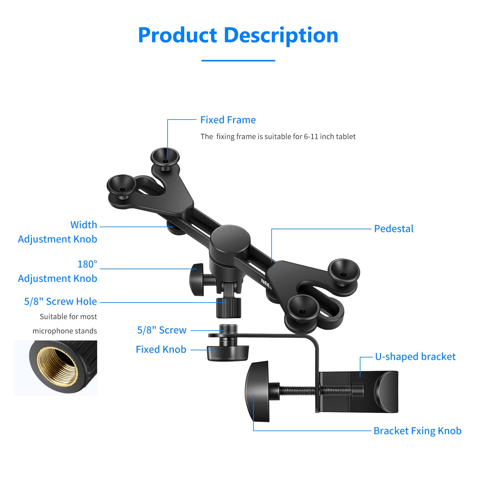 Neewer 6-11 inches Adjustable Music Mic Microphone Stand Tablet Mount with 360 Degree Swivel Holder for Apple iPad Pro Air Mini Google Nexus Samsung Galaxy