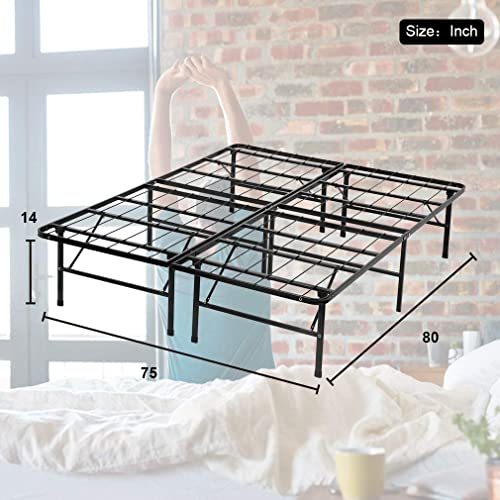 BIQWBIC Folding King Bed Frame, 14 Inch Metal Platform Bed Frame King Size Mattress Foundation, No Box Spring Needed King Size Bed Frame with Storage, Steel Slat Noise-Free, 5 Minute Assembly, Black